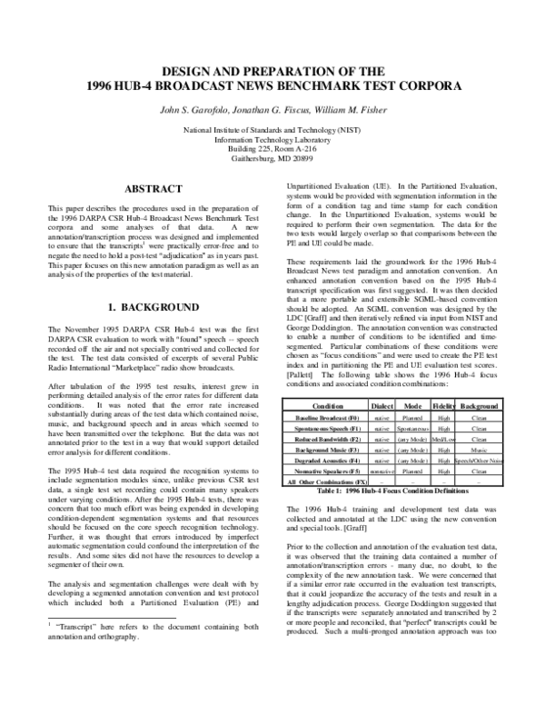 (PDF) Design And Preparation Of The 1996 Hub-4 Broadcast News Benchmark ...