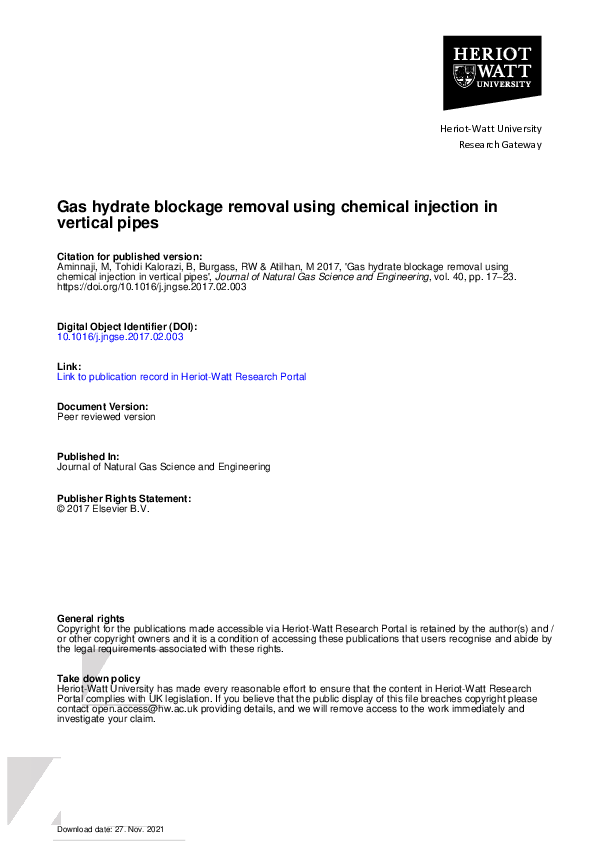 (PDF) Gas hydrate blockage removal using chemical injection in vertical ...