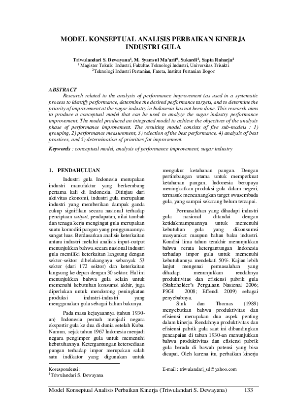 (PDF) Model Konseptual Analisis Perbaikan Kinerja Industri Gula | sapta raharja - Academia.edu