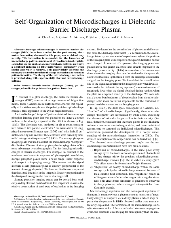(PDF) Self-organization of microdischarges in dielectric barrier discharge plasma