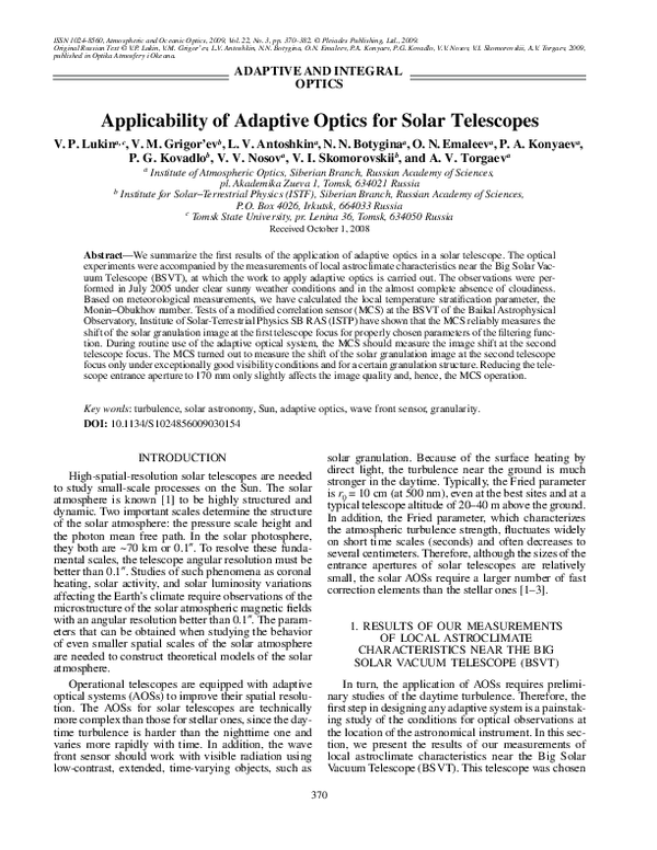 (PDF) Applicability of adaptive optics for solar telescopes