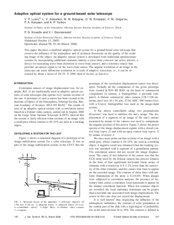 (PDF) Adaptive optical system for a ground-based solar telescope | Petr Konyaev - Academia.edu
