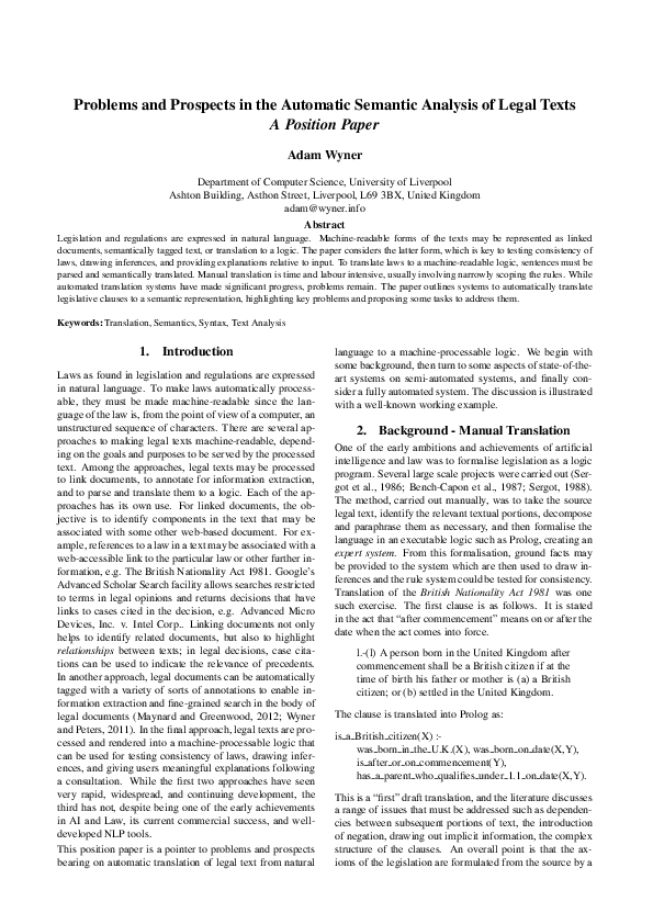 (PDF) Problems and Prospects in the Automatic Semantic Analysis of Legal Texts A Position Paper