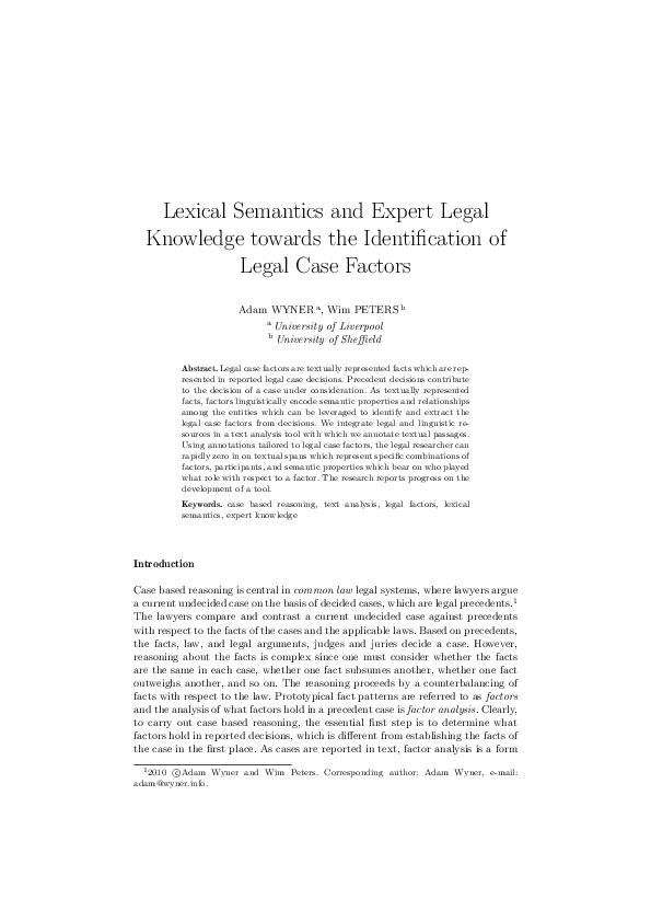 (PDF) Lexical Semantics and Expert Legal Knowledge towards the Identification of Legal Case Factors