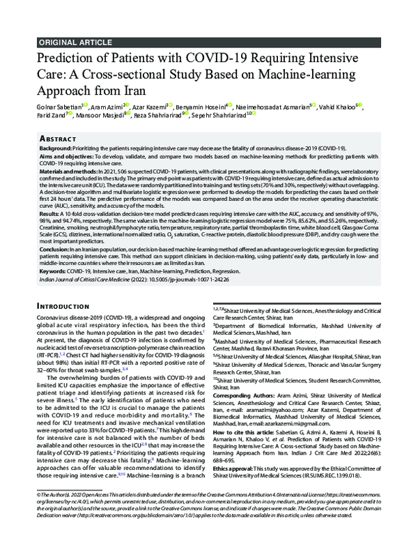 (PDF) Prediction of Patients with COVID-19 Requiring Intensive Care: A Cross-sectional Study ...