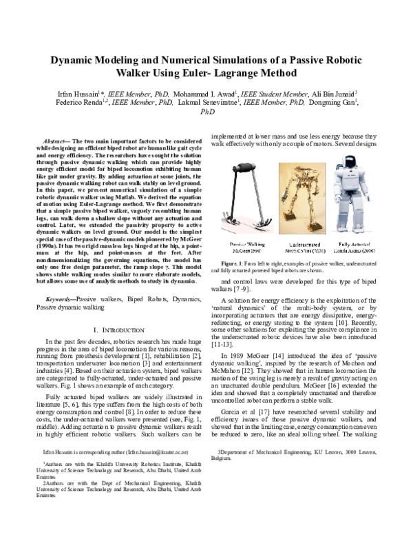 Pdf Dynamic Modeling And Numerical Simulations Of A Passive Robotic Walker Using Euler