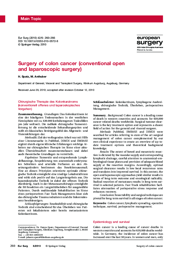 (PDF) Surgery of colon cancer (conventional open and laparoscopic surgery)