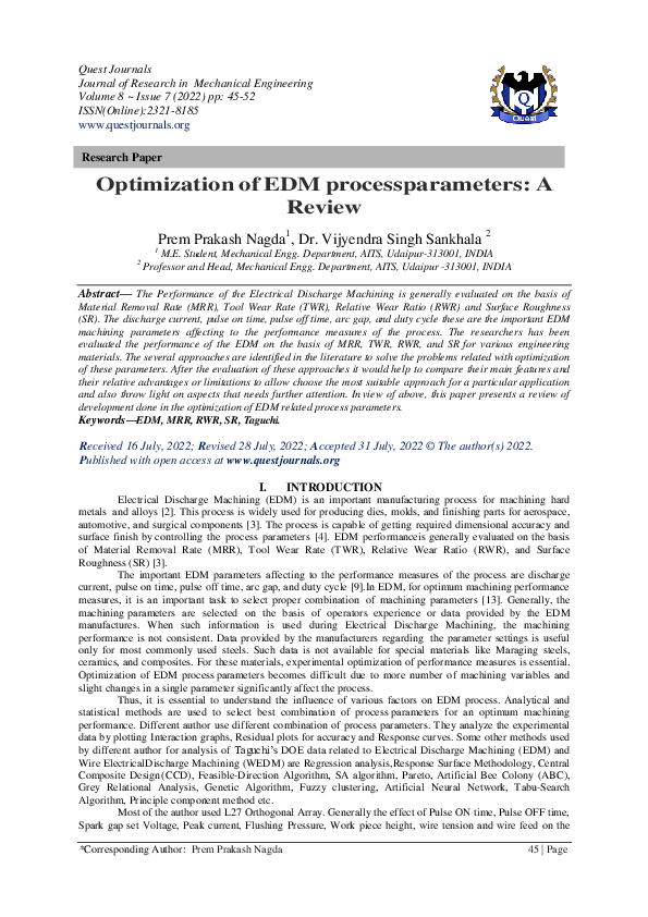 Pdf Optimization Of Edm Process Parameters A Review