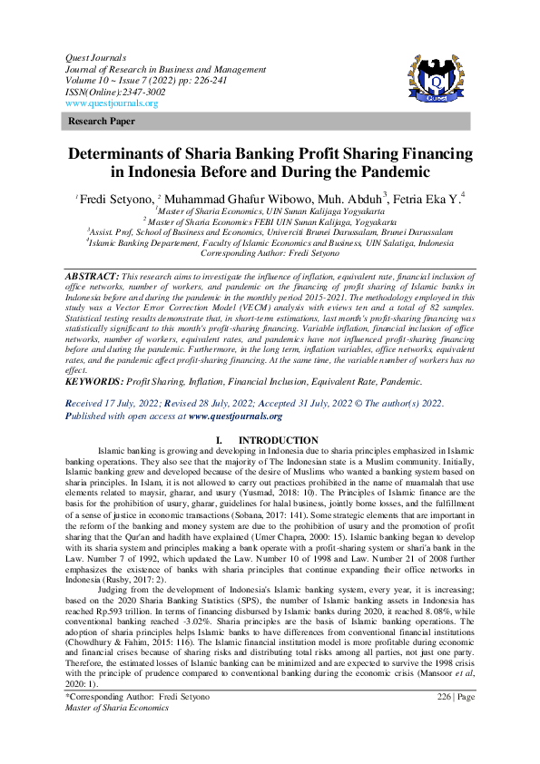 (PDF) Determinants of Sharia Banking Profit Sharing Financing in Indonesia Before and During the ...
