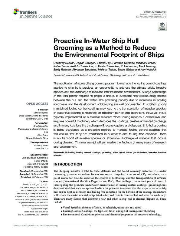 (PDF) Proactive In-Water Ship Hull Grooming as a Method to Reduce the ...