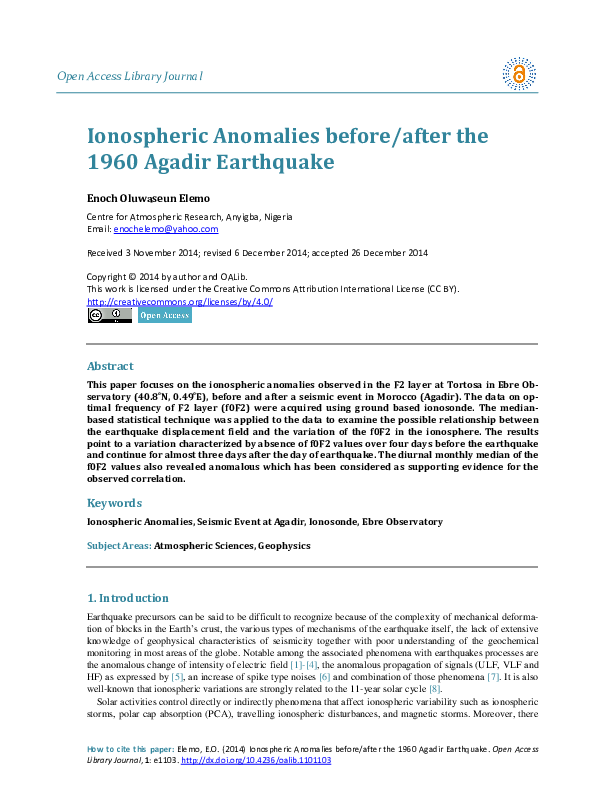 (PDF) Ionospheric Anomalies before/after the 1960 Agadir Earthquake