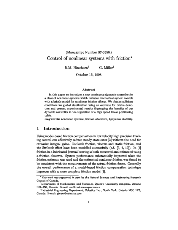 (PDF) Control of nonlinear systems with friction