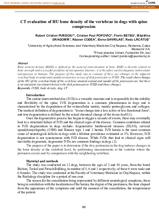 (PDF) CT evaluation of HU bone density of the vertebrae in dogs with ...