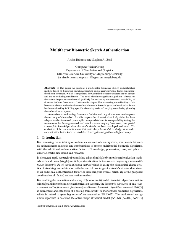 Pdf Multifactor Biometric Sketch Authentication Stephan Zeitschel