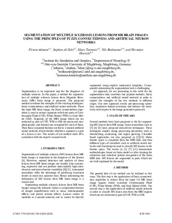 (PDF) Segmentation of multiple sclerosis lesions from MR brain images using the principles of ...