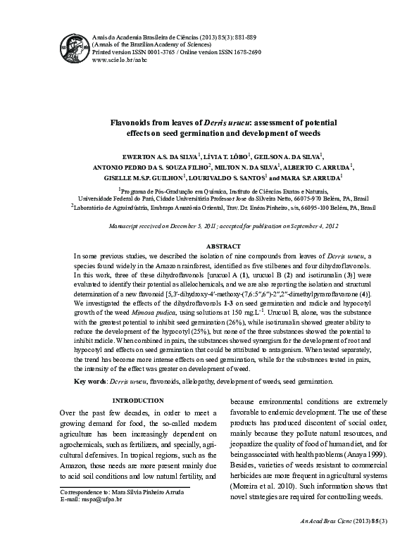 (PDF) Flavonoids from leaves of Derris urucu: assessment of potential effects on seed ...