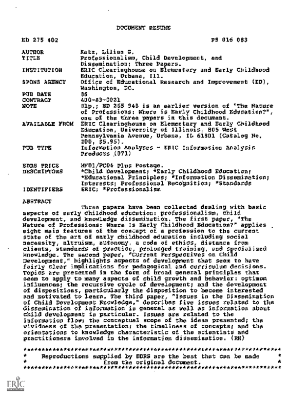 (PDF) Professionalism, Child Development, and Dissemination: Three Papers