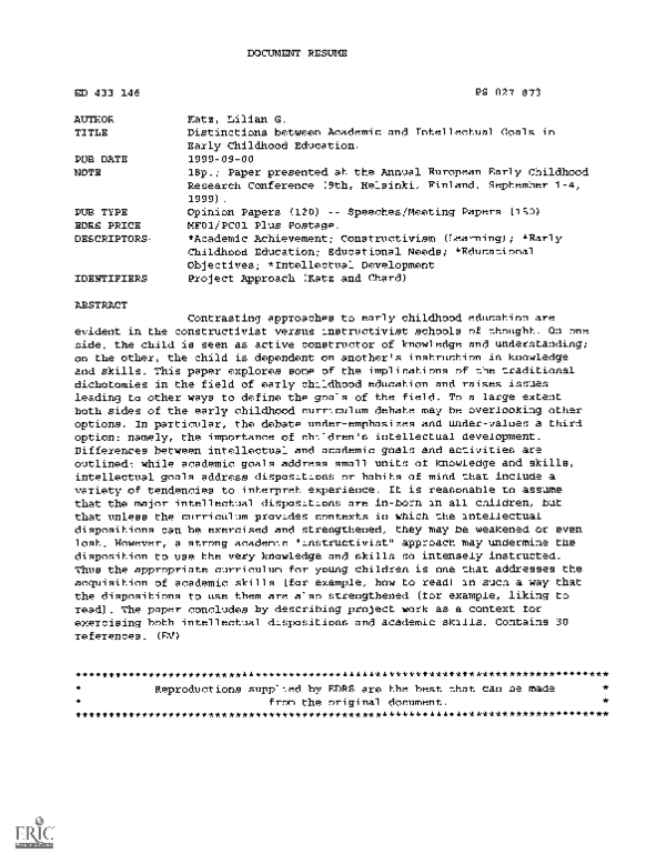 (PDF) Distinctions between Academic and Intellectual Goals in Early ...