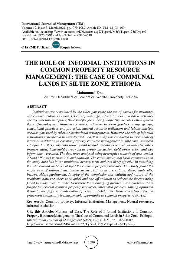(PDF) THE ROLE OF INFORMAL INSTITUTIONS IN COMMON PROPERTY RESOURCE ...