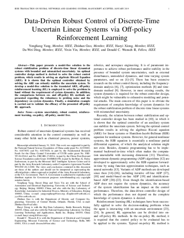 (PDF) Data-Driven Robust Control of Discrete-Time Uncertain Linear Systems via Off-Policy ...