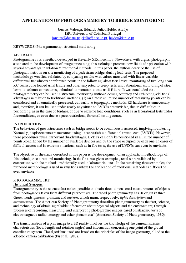 Pdf Application Of Photogrammetry To Bridge Monitoring Jónatas