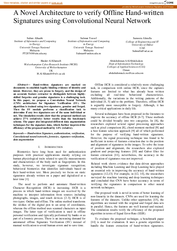 (PDF) A Novel Architecture to verify Offline Hand-written Signatures using Convolutional Neural ...