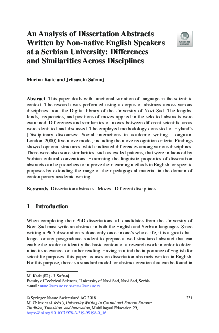 (PDF) An Analysis of Dissertation Abstracts Written by Non-native English Speakers at a Serbian ...
