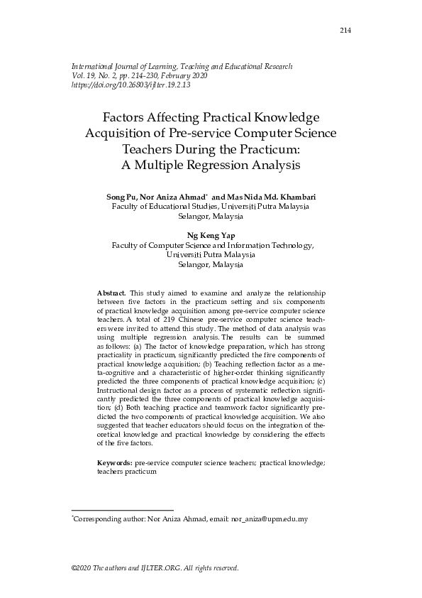 (PDF) Factors Affecting Practical Knowledge Acquisi-tion of Pre-service Computer Science ...