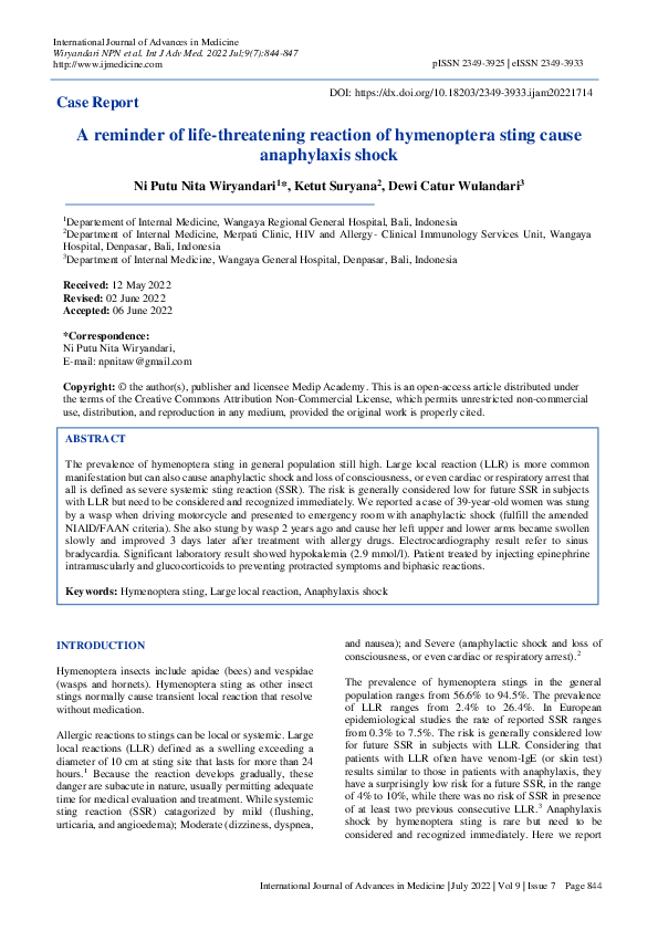 (PDF) A reminder of life-threatening reaction of hymenoptera sting ...