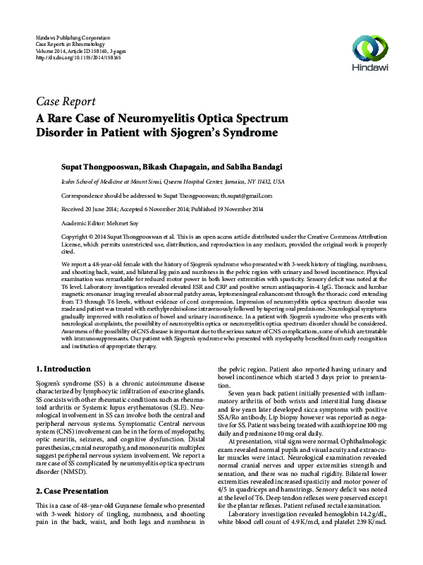 (PDF) A Rare Case of Neuromyelitis Optica Spectrum Disorder in Patient with Sjogren’s Syndrome