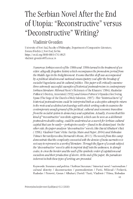 (PDF) The Serbian Novel After the End of Utopia: “Reconstructive ...
