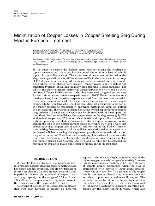 (PDF) Minimization of Copper Losses in Copper Smelting Slag During ...