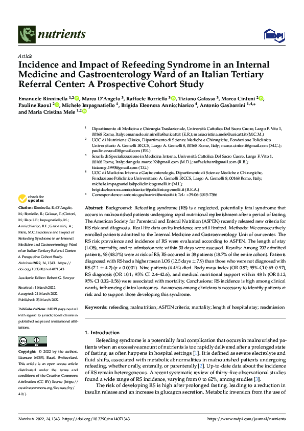 (PDF) Incidence and Impact of Refeeding Syndrome in an Internal ...