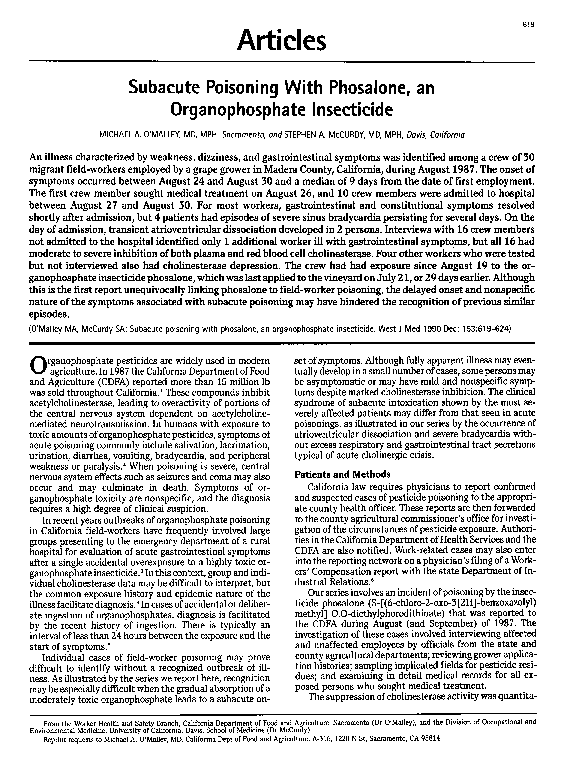 (PDF) Subacute poisoning with phosalone, an organophosphate insecticide