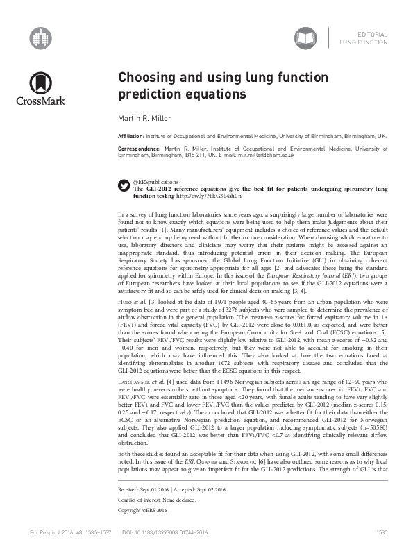 (PDF) Choosing and using lung function prediction equations