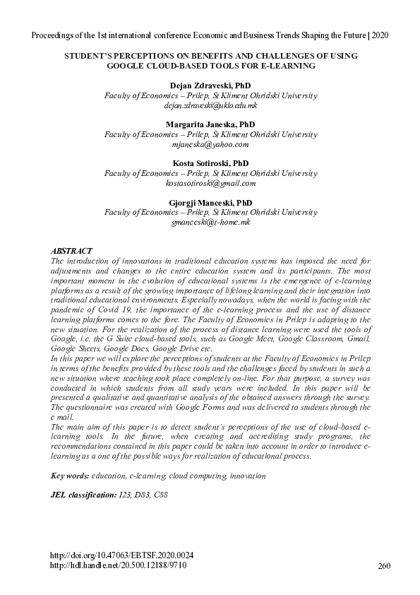 (PDF) Student’s Perceptions on Benefits and Challenges of Using Google Cloud-Based Tools for E ...