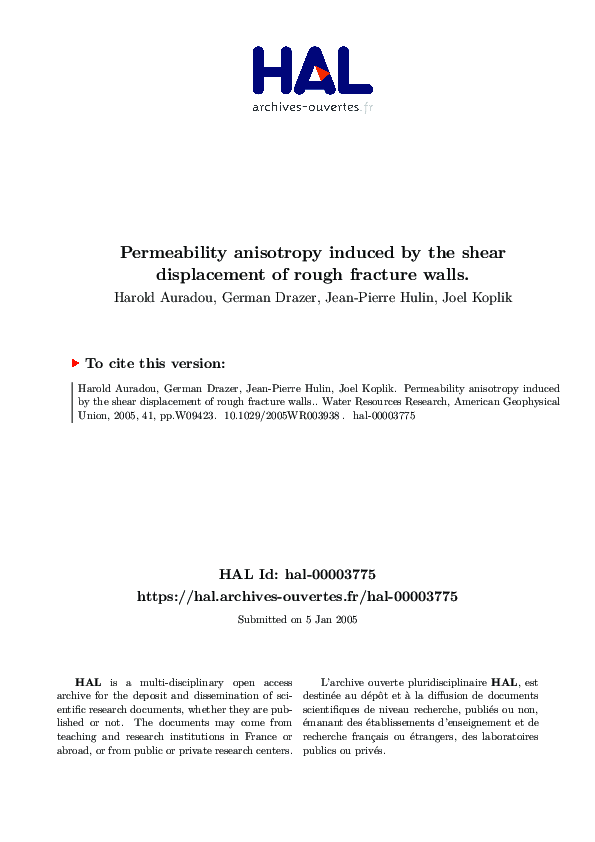 (PDF) Permeability anisotropy induced by the shear displacement of ...