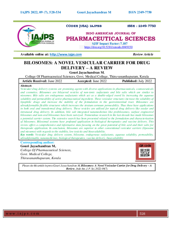 (PDF) BILOSOMES: A NOVEL VESICULAR CARRIER FOR DRUG DELIVERY -A REVIEW