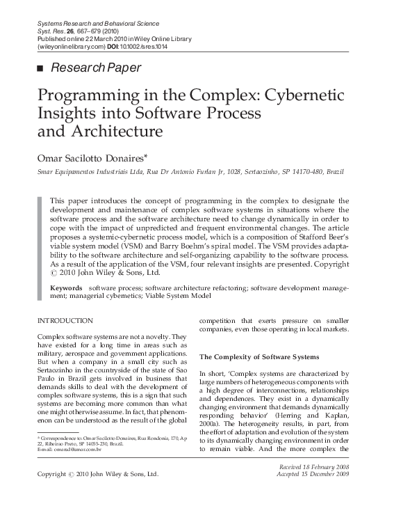 (PDF) Programming in the complex: Cybernetic insights into software process and architecture