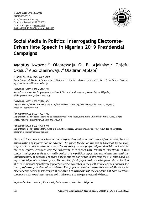 (PDF) Social Media in Politics: Interrogating Electorate-Driven Hate Speech in Nigeria's 2019 ...