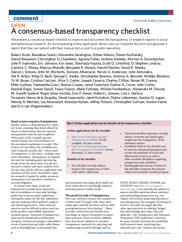(PDF) A consensus-based transparency checklist | MARK FICHMAN ...