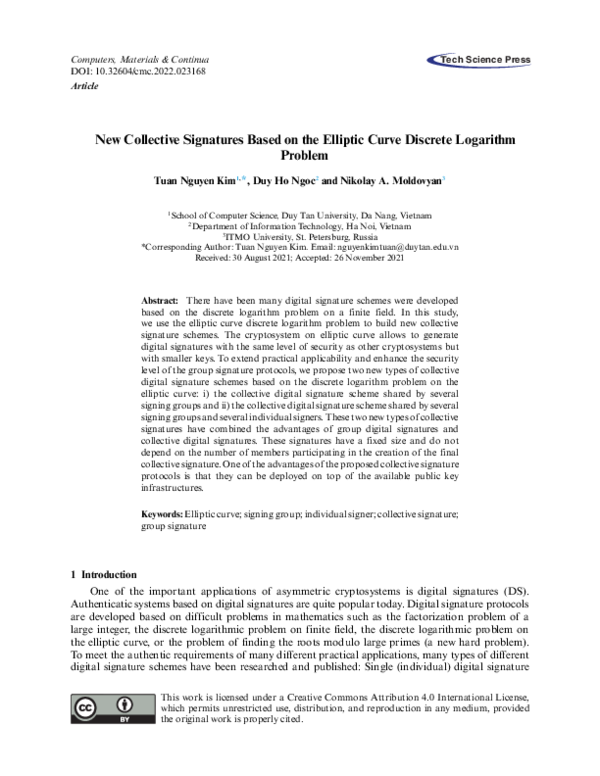 Pdf New Collective Signatures Based On The Elliptic Curve Discrete Logarithm Problem