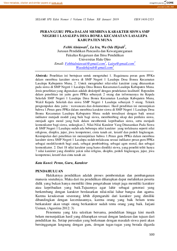 (PDF) PERAN GURU PPKn DALAM MEMBINA KARAKTER SISWA SMP NEGERI 1 LASALEPA DESA BONEA KECAMATAN ...