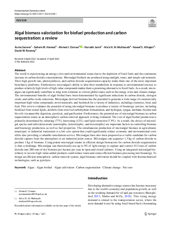 (PDF) Algal biomass valorization for biofuel production and carbon sequestration: a review