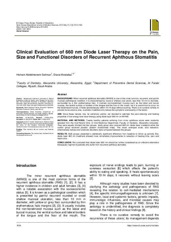 (PDF) Clinical Evaluation of 660 nm Diode Laser Therapy on the Pain, Size and Functional ...