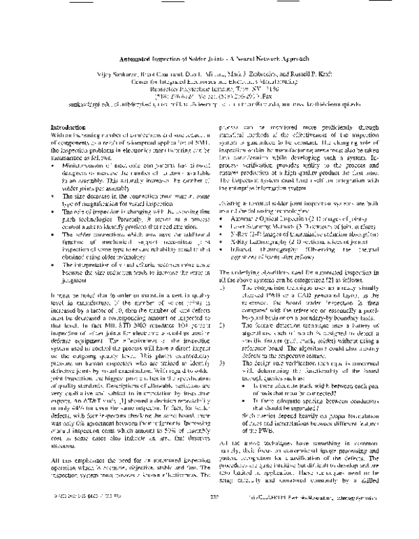 (PDF) Automated inspection of solder joints-a neural network approach