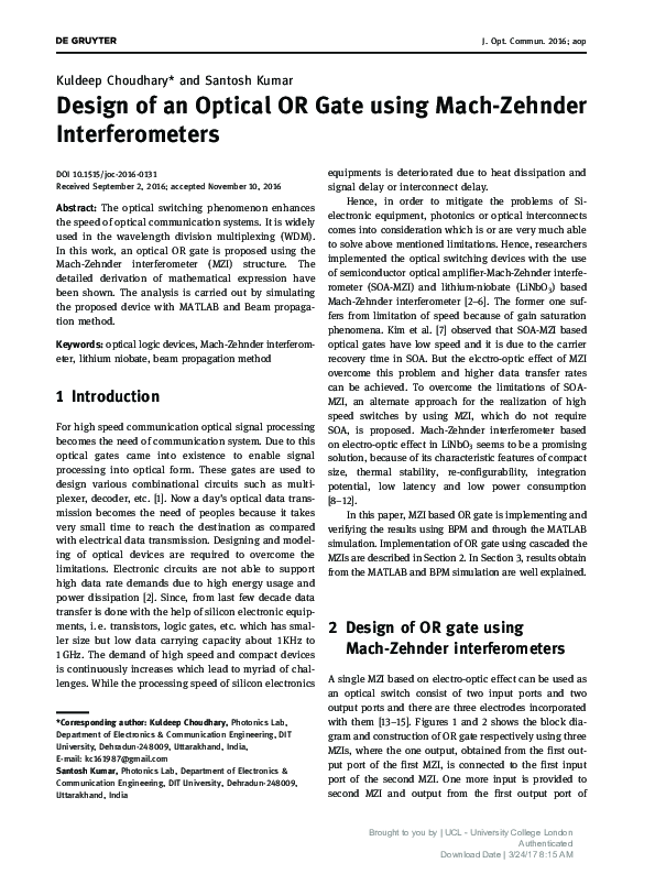 (PDF) Design of an Optical OR Gate using Mach-Zehnder Interferometers