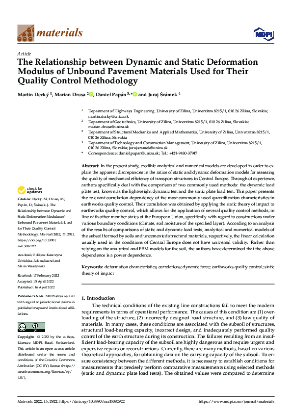 (PDF) The Relationship between Dynamic and Static Deformation Modulus of Unbound Pavement ...