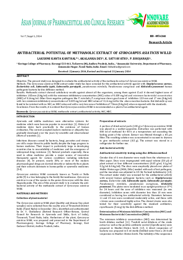 (PDF) Antibacterial potential of methanolic extract of Gyrocarpus asiaticus wild | AKALANKA DEY ...