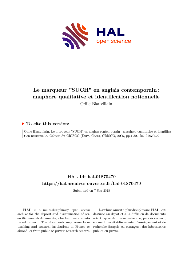 (PDF) Le marqueur SUCH en anglais contemporain: anaphore qualitative et ...